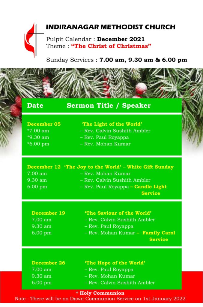 Pulpit Calendar December | Indiranagar Methodist Church